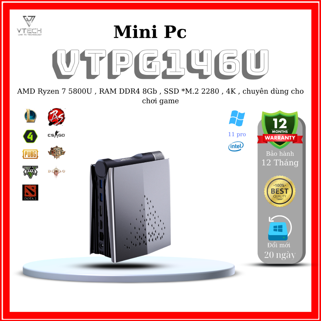 Máy tính mini pc VTECH VTPG146U, AMD Ryzen 7 5800U, RAM DDR4 8Gb, SSD *M.2 2280, 4K, chuyên dùng ...