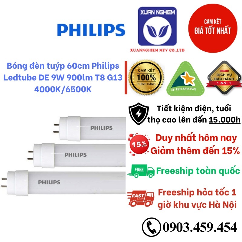 Bóng đèn tuýp 60cm Philips Ledtube DE 600mm 9W 900lm 765 T8 G13 và ...