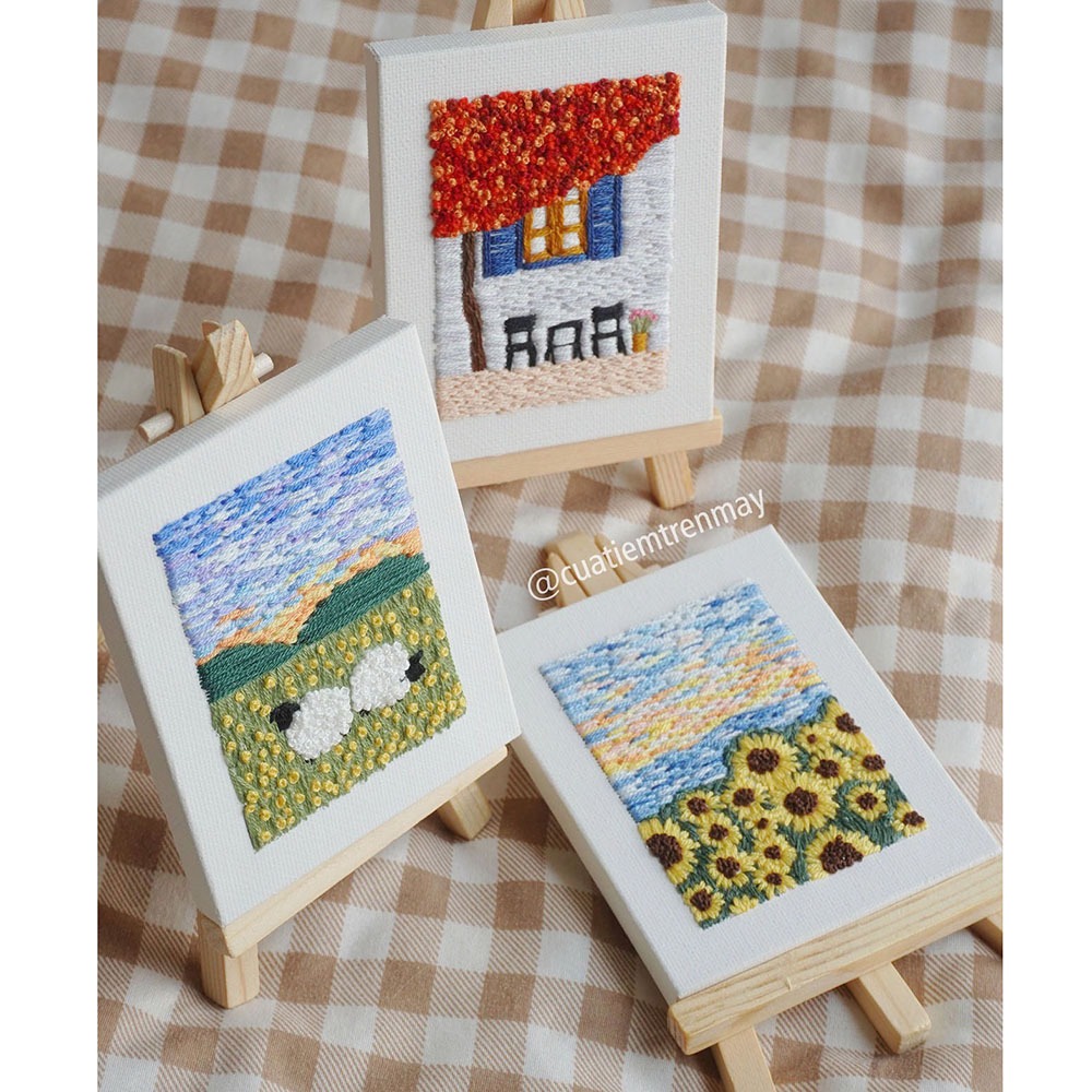 DIY Bộ kit nguyên liệu thêu tranh mini 8x10cm đầy đủ dụng cụ trang trí ...