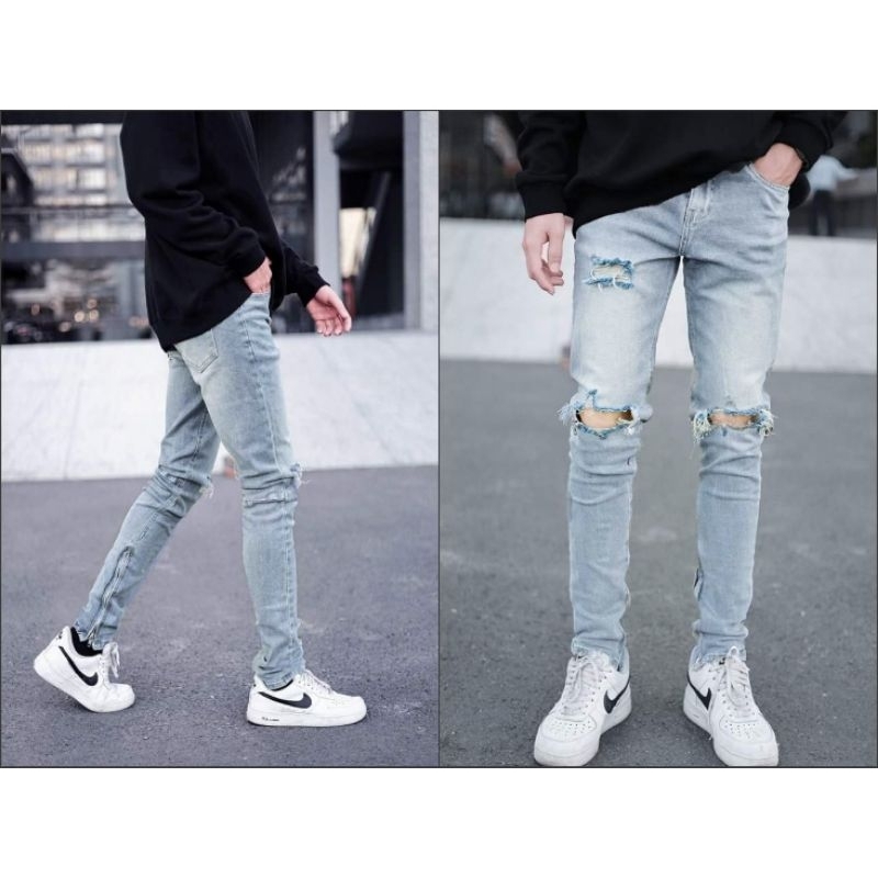Quần jean skinny rách gối có zip chân - QJ5 xanh nhạt | Shopee Việt Nam