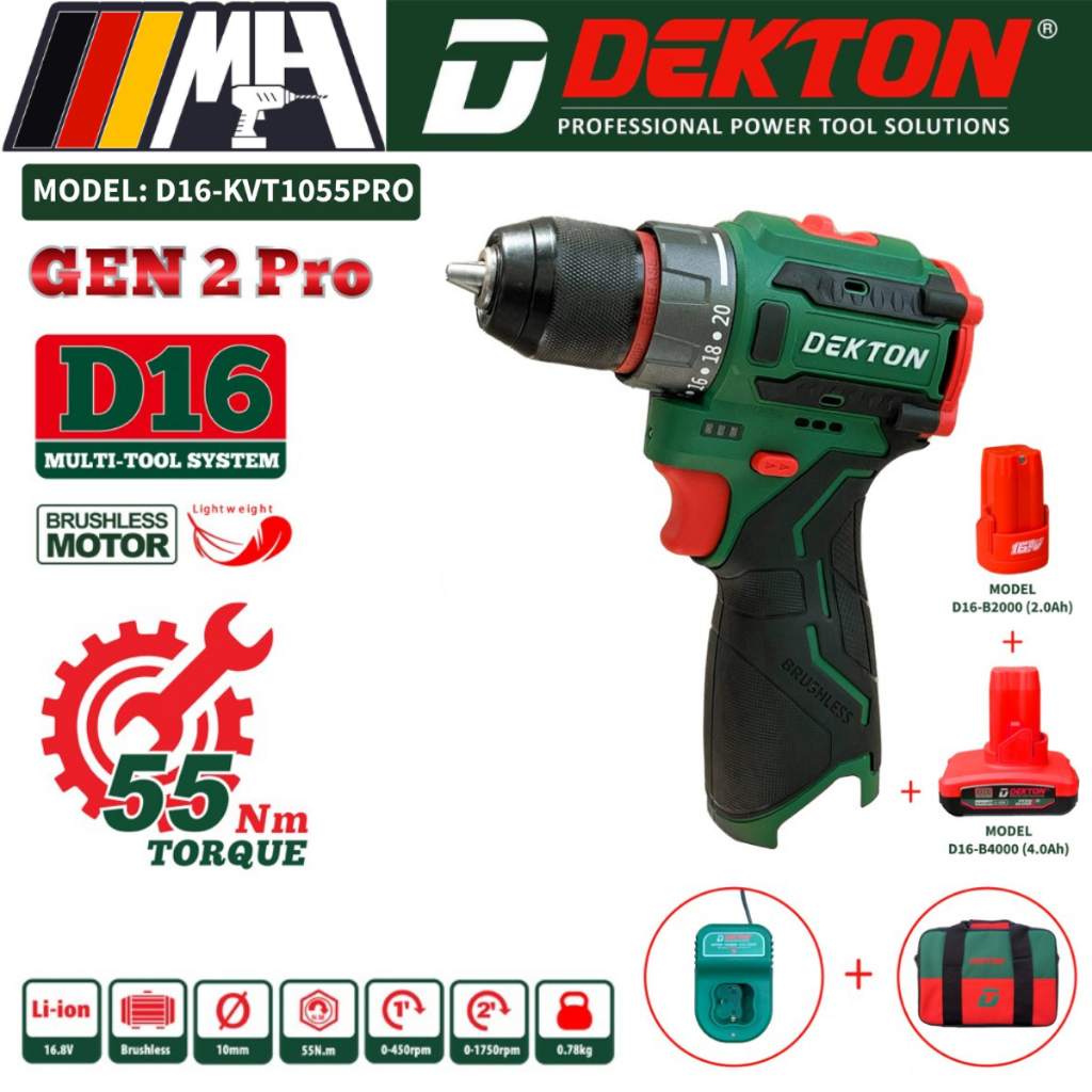Máy Khoan Pin Dekton D16-KVT1055PRO, Motor Brushless, Pin 16.8V, Đầu Cặp 10mm Autolock, GEN 2 ...