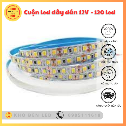 Cuộn led dây dán 12V 2835 - 120 led / Mét có keo 2 mặt ánh sáng trắng, vàng ấm, trung tính ...