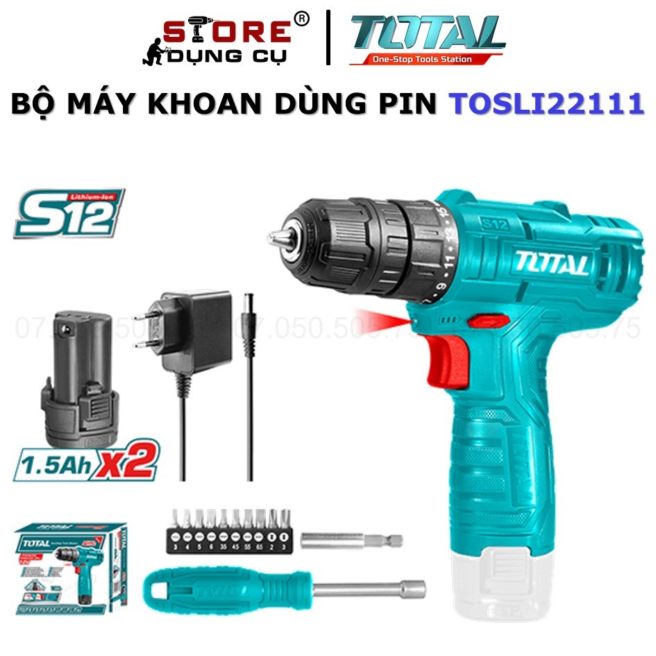 Bộ máy khoan, vặn vít dùng pin 12V TOTAL TOSLI22111 có kèm bộ tua vít ...