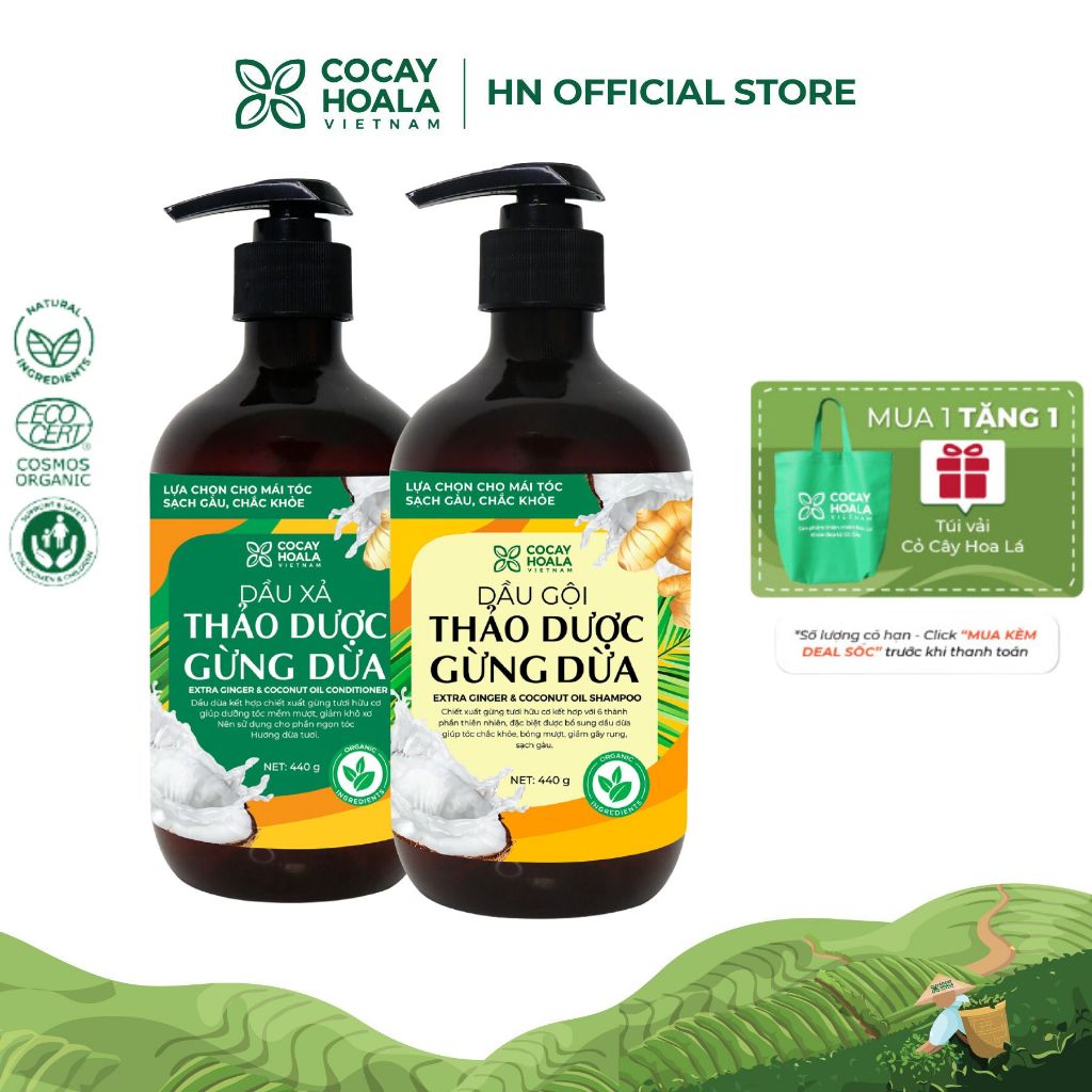 Dầu Gội Thảo Dược Hữu Cơ Gừng Dừa Cỏ Cây Hoa Lá ,Giảm Rụng Tóc Giúp Tóc Mềm Mượt 440g/chai ...