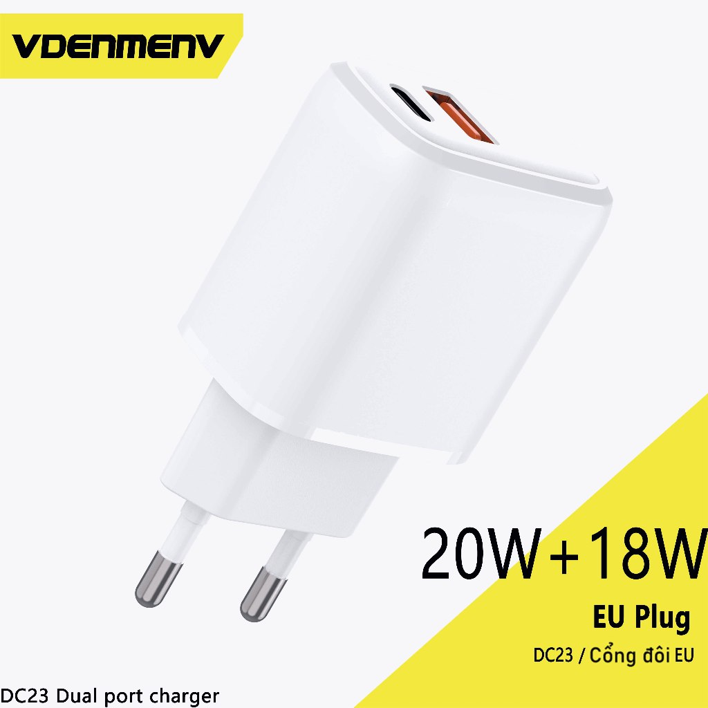 Cốc Sạc Nhanh Vdenmenv DC23 Chống Cháy Nổ, Tự Ngắt Khi Quá Tải, 2 Đầu USB và Type-C (18W + 20W ...