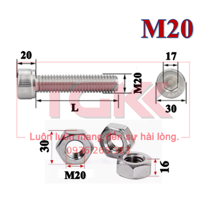 Bulong LGC đầu trụ kèm đai ốc inox 304 M20 (DIN912+DIN934) | Shopee Việt Nam