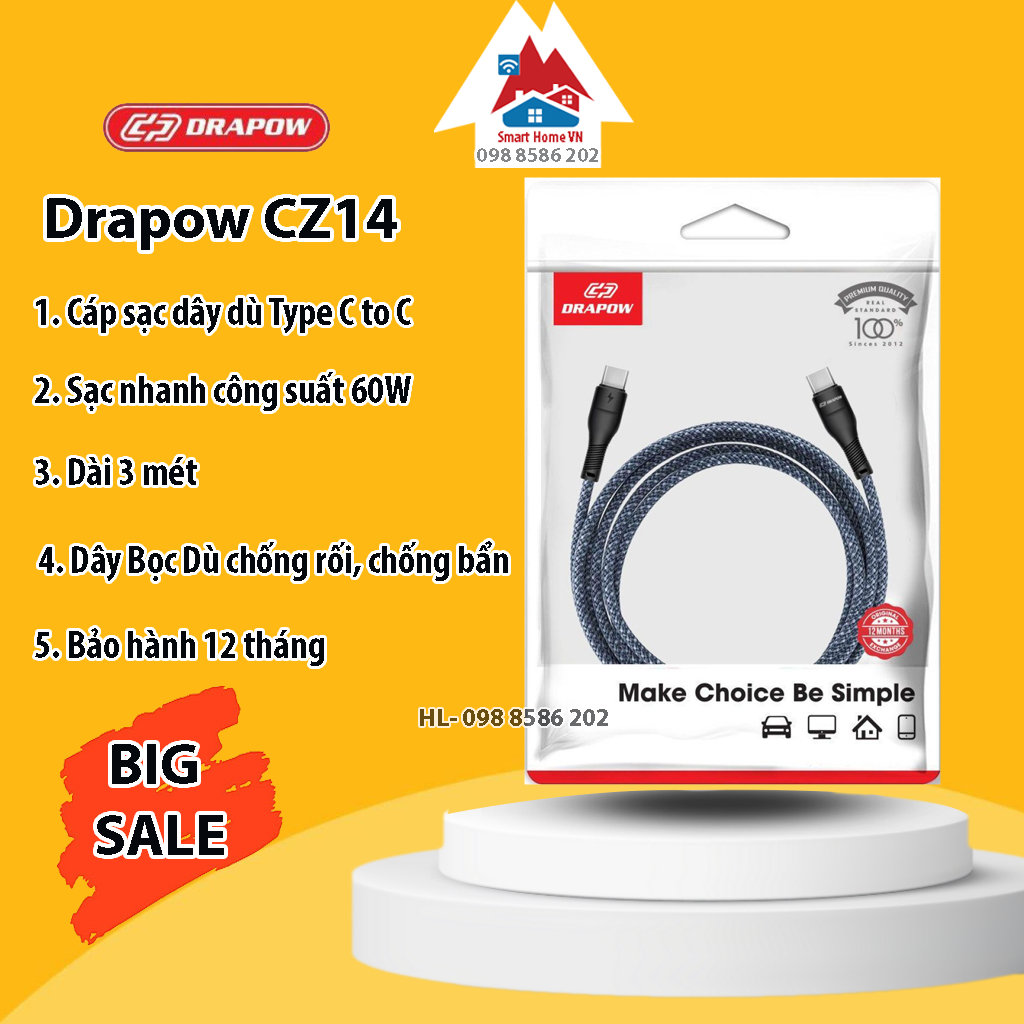 Cáp sạc nhanh dây dù 60W Type C to C , dài 3m , Drapow CZ14 , hỗ trợ cả ...