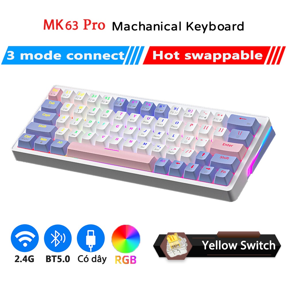 Bàn phím cơ không dây HOTSWAP MK63/68 phím 3 Mode Bluetooth /2.4G/có dây, Red Swtich có đèn RGB ...