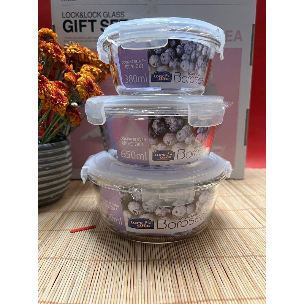 Bộ 3 hộp đựng thực phẩm thủy tinh tròn lock&Lock 950ml 650ml 400ml | Shopee Việt Nam