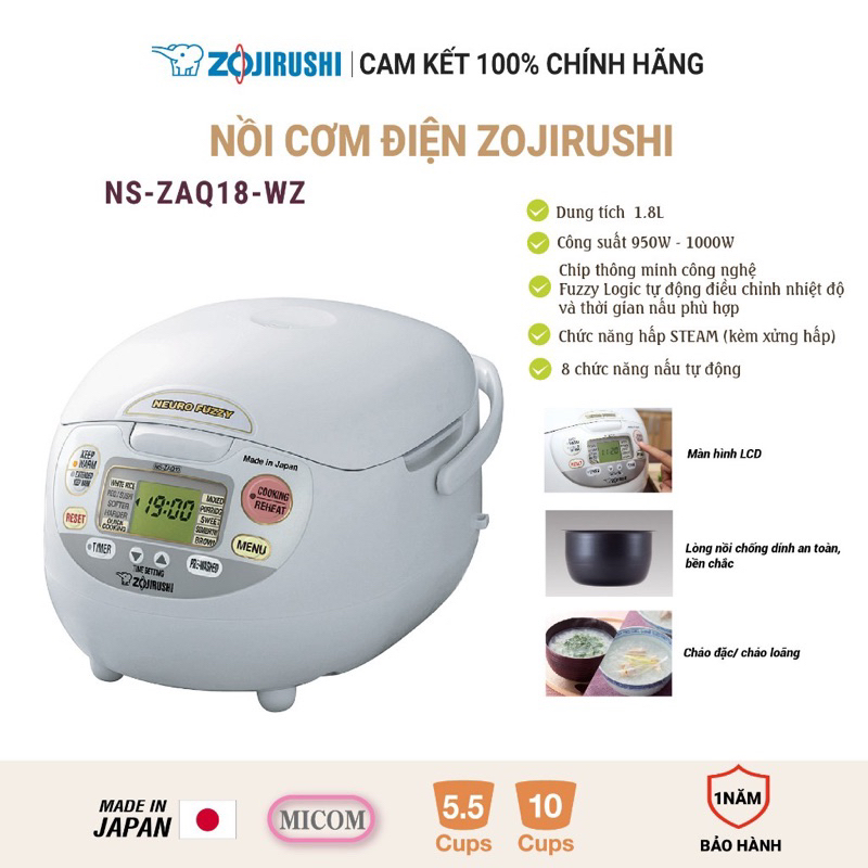 Nồi cơm điện Zojirushi NS-ZA10 (1L), NS-ZA18 (1.8L) sản xuất tại Nhật ...