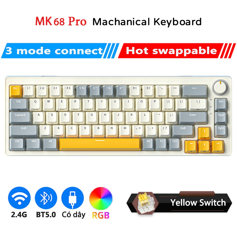 Bàn phím cơ không dây MK68 phím HOTSWAP 3 Mode Bluetooth /2.4G/có dây ...