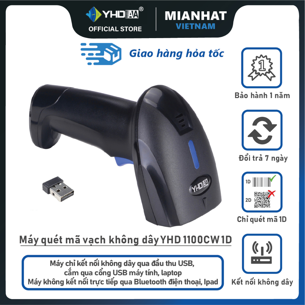 Máy quét mã vạch không dây YHD 1100CW 1D, Máy bắn mã vạch Barcode không ...
