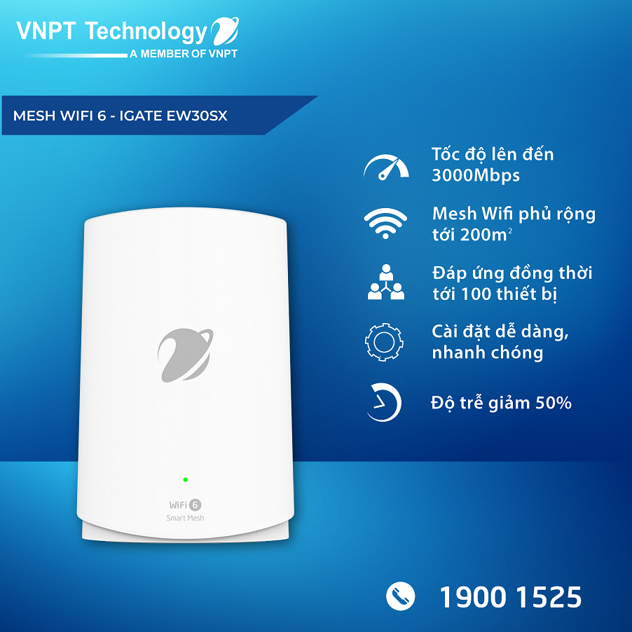 Hệ thống WiFi Mesh 6 VNPT Technology iGate EW30SX ( 1-pack ) chuẩn AX 3000Mbps siêu tốc độ cho ...