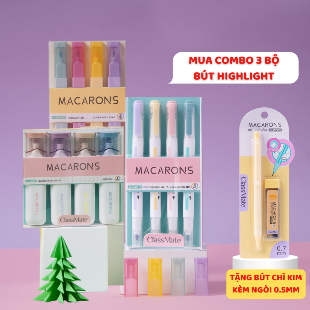 Combo Bộ 3 Hộp Bút Highlight Dạ Quang Đa Năng Macarons CLASSMATE, Ngòi ...