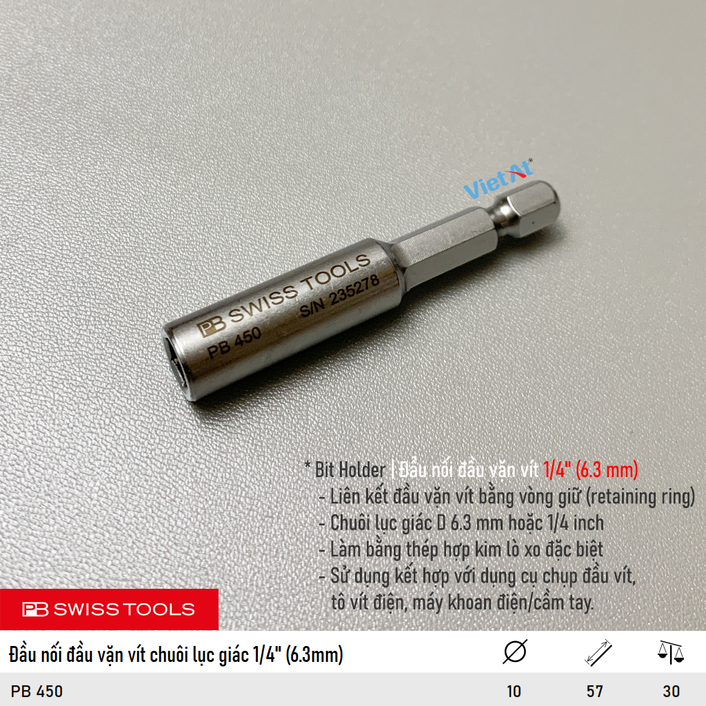 Đầu nối đầu vặn vít (Bit Hoder) PB 450 chuôi lục giác 6.3mm (1/4”), với vòng giữ | PB Swiss ...