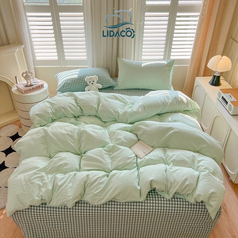 Bộ vỏ chăn ga gối cotton đũi minimize LIDACO họa tiết kẻ vintage phù ...