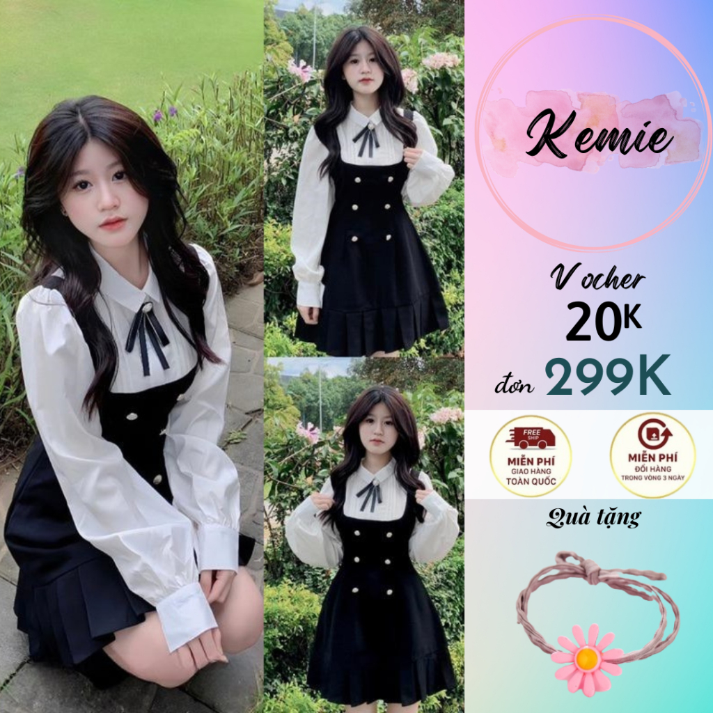 Váy Đen Phối Cổ Sơmi Dài Tay Tặng Kèm Nơ Siêu Xinh Có Ảnh Thật KEMIE SHOP | Shopee Việt Nam