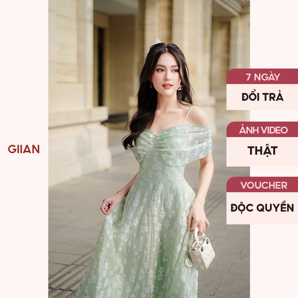 Váy dáng dài trễ vai thiết kế 2 dây cách điệu in họa tiết hoa nổi chính ...