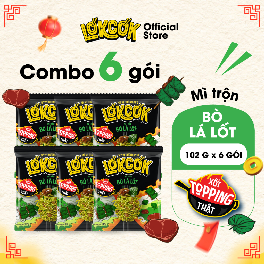 [Chính hãng] Combo 6 Gói Mì Trộn Xốt Topping Thật Bò Lá Lốt - 6 Gói x 102g | Shopee Việt Nam