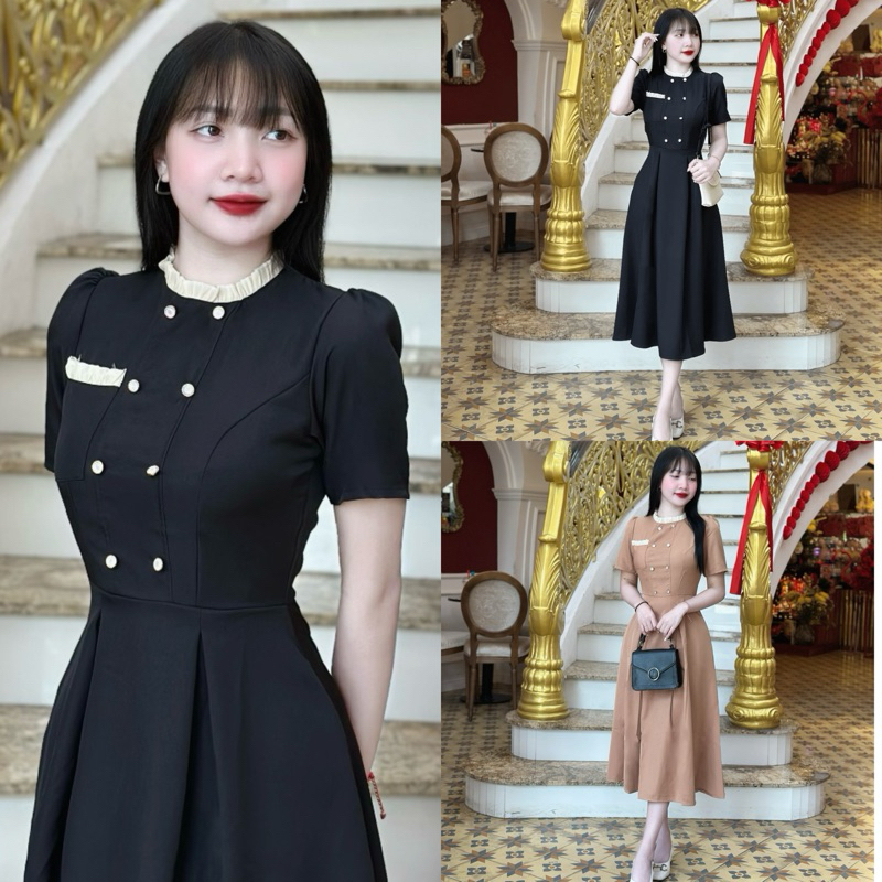 A8- Đầm phối viền cổ bèo túi trước ngự, nút ngọc, có túi ẩn hai bên ...