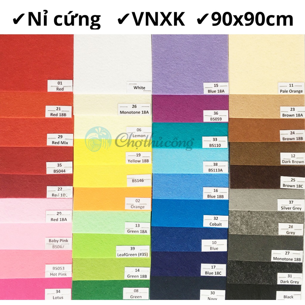 Vải nỉ cứng khổ lớn 38 màu VNXK 90x90 cm, vải dạ nỉ mầm non (vải không ...