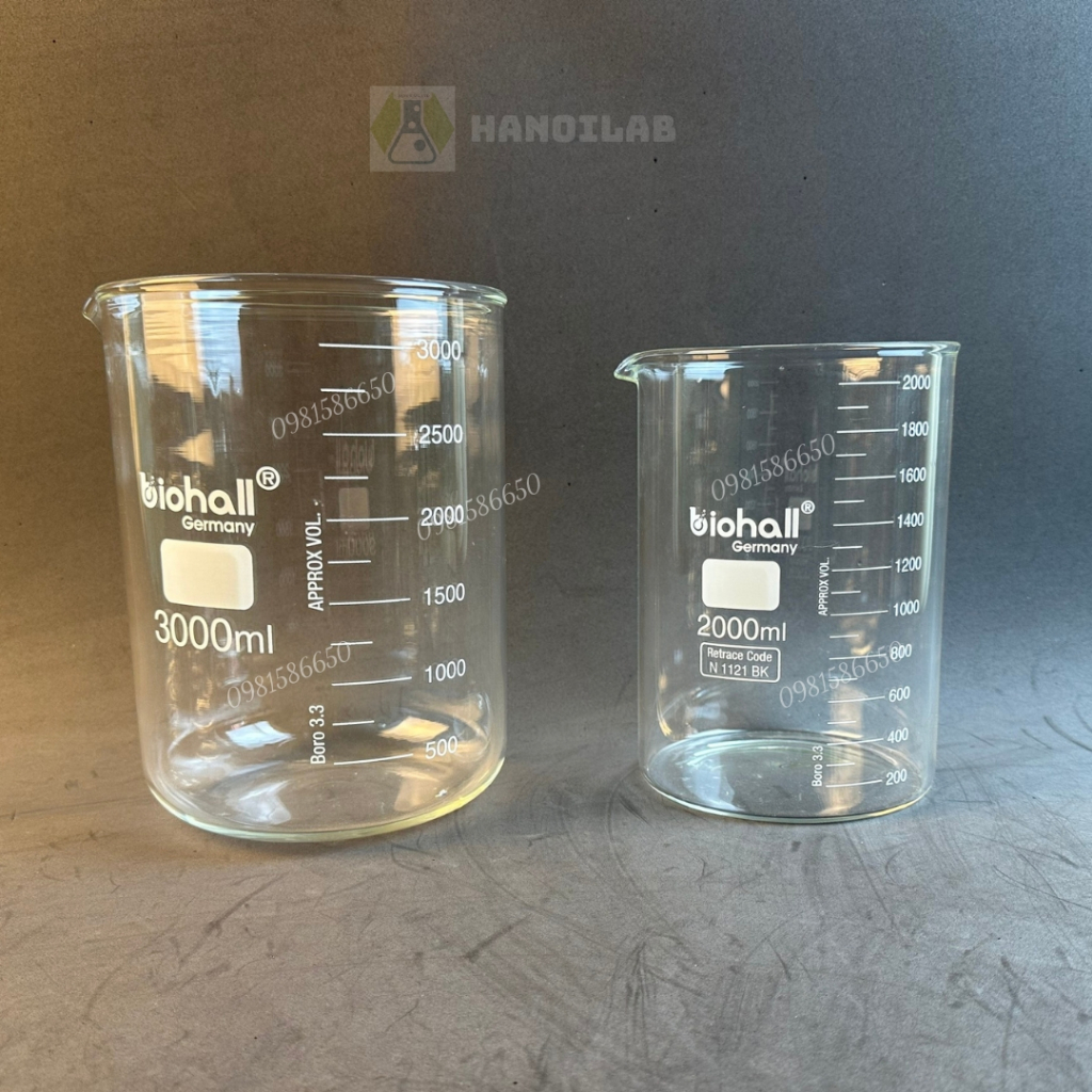 Cốc thủy tinh thí nghiệm chịu nhiệt (Biohall - Germany) có chia vạch thể tích 1000ml, 2000ml ...