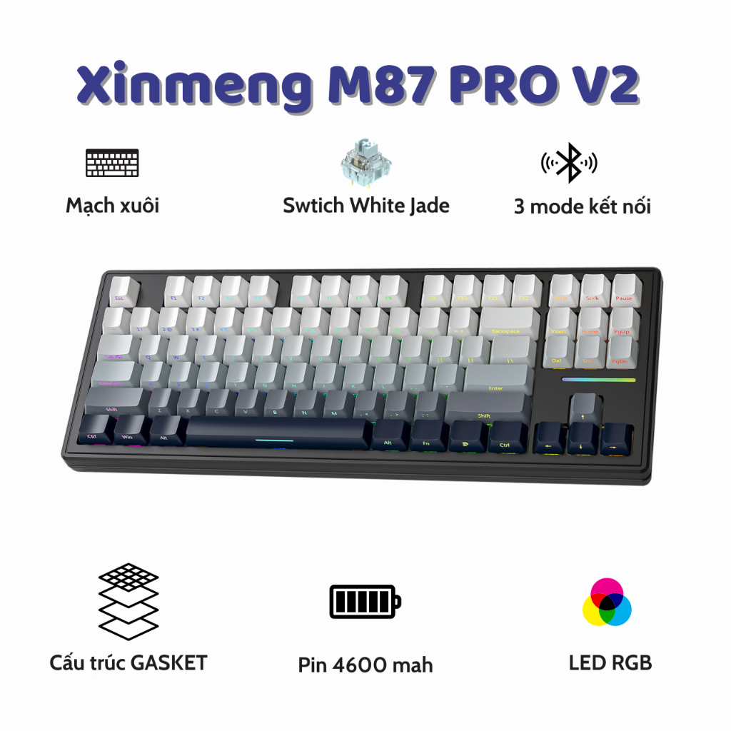 Bàn Phím Cơ Xinmeng M87 Không Dây Bluetooth Gaming Có LED viền LED RGB Pro App Custom , White ...