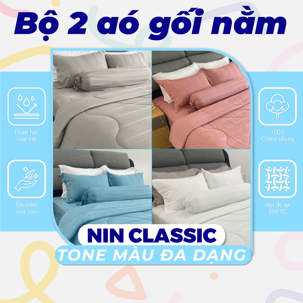 Bộ 2 áo gối nằm NIN House Classic kích thước 50x70cm vải cotton mềm mịn ...