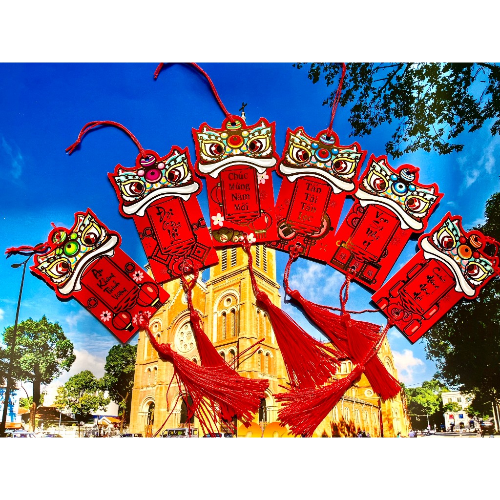 Sét 6 thẻ treo tết hình đầu lân, khánh liễn trang trí tết, tem treo cây ...