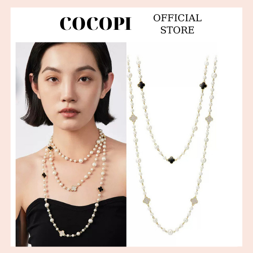 Dây chuyền ngọc trai nhân tạo kết bốn lá màu đen trắng quý phái Cocopi VC054 | Shopee Việt Nam