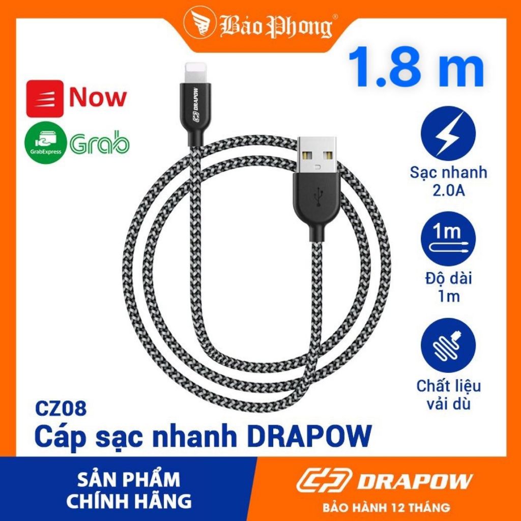 Cáp sạc dây dù chính hãng DRAPOW CZ08 siêu bền chống đứt sạc nhanh cổng ...
