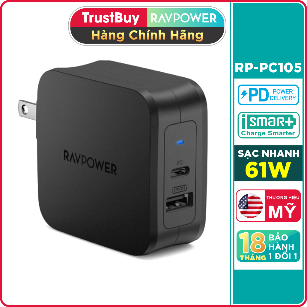 Adapter Củ Sạc RAVPower RP-PC105 61W USB Type C PD 3.0, Chân AC Gập ...