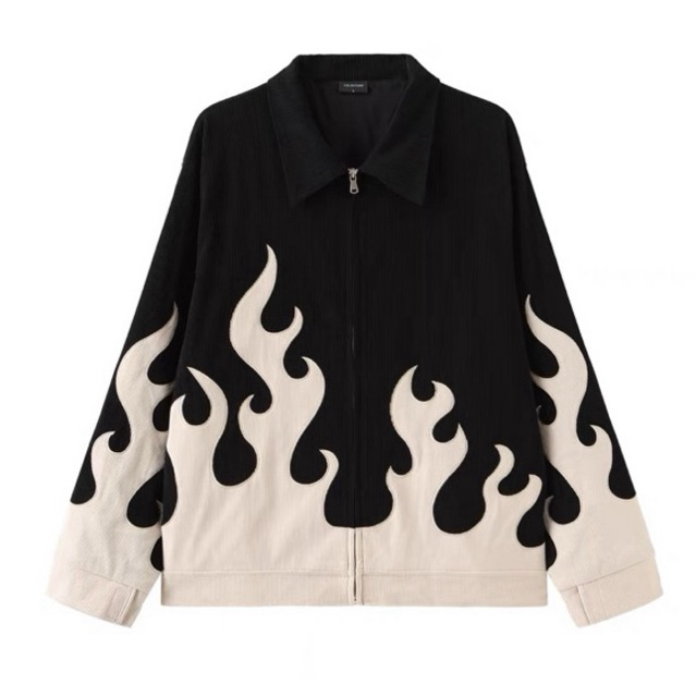 Burning Flame Jacket - Áo khoác hoạ tiết lửa trắng vải nhung tăm unisex ...