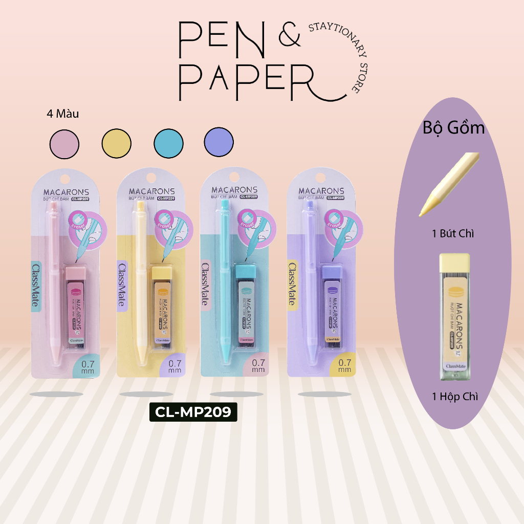 Combo 01 Bút Chì Bấm 0.7mm MACARONS Kèm 01 Ngòi Chì Kim 0.7mm Màu Pastel Siêu Cute Phù Hợp Học ...