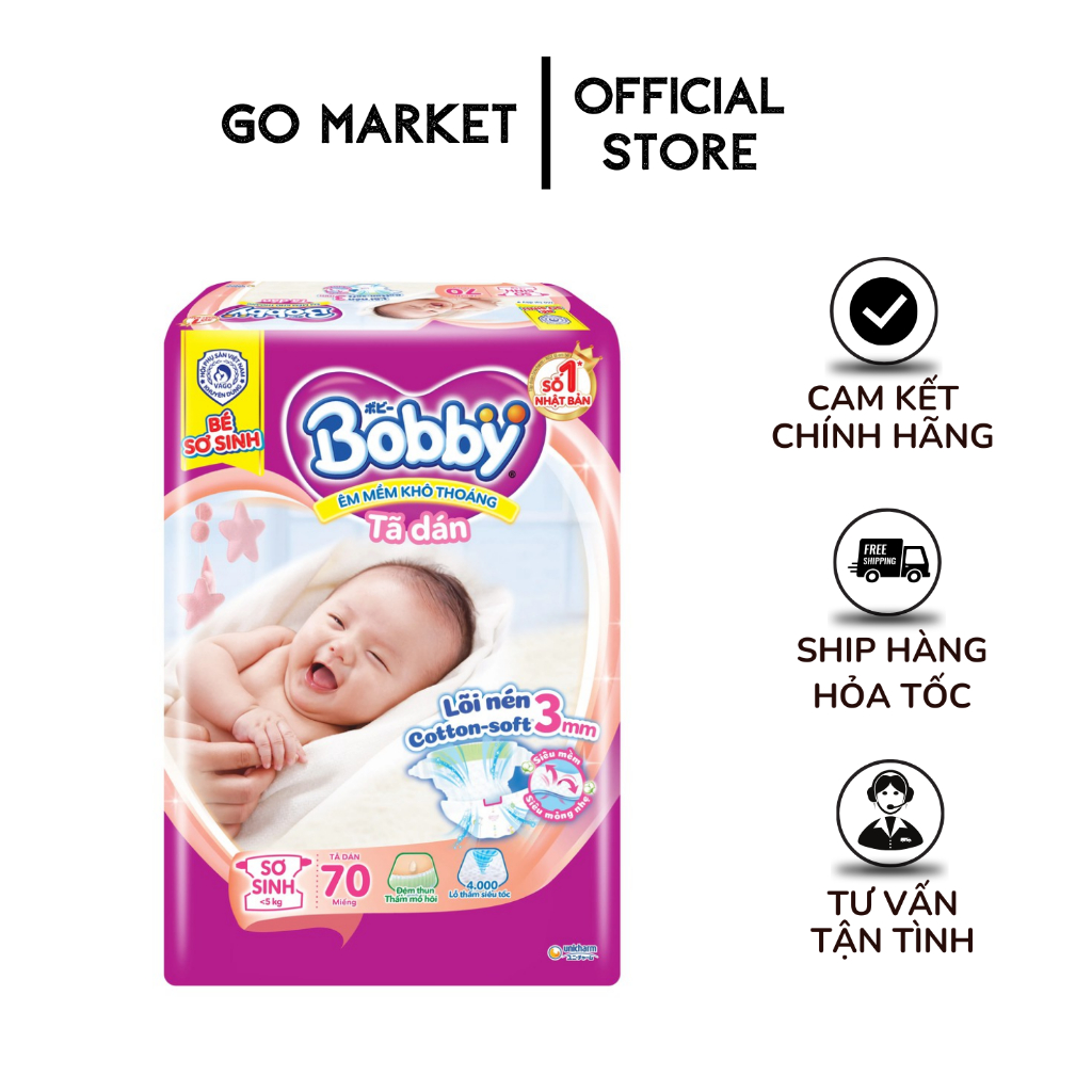 Tã dán sơ sinh bìm Bobby XS70/S54/M46/L40/XL36/XXL34 mới- Lõi nén ...