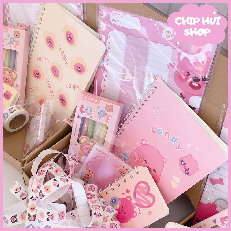 Set đồ Loopy 6 món siêu dễ thương, set quà tặng Loopy, set đồ dùng học ...