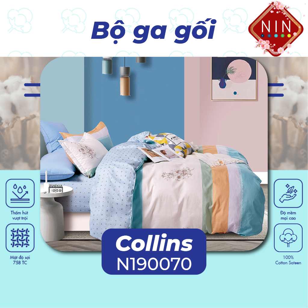 [BÔNG COTTON 100%] Bộ GA giường, áo gối NIN House Collins không kèm mền ...