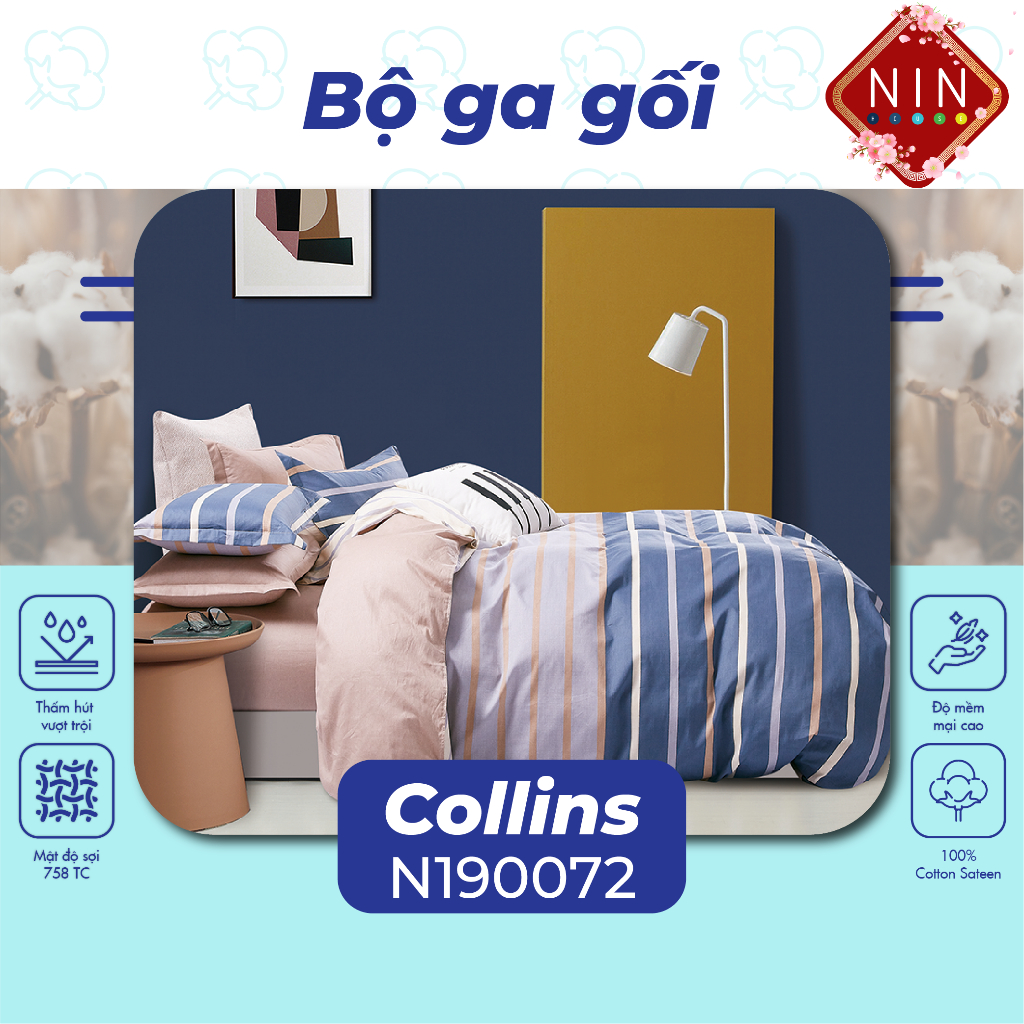 [BÔNG COTTON 100%] Bộ GA giường, áo gối NIN House Collins không kèm mền ...