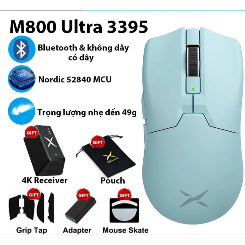 Chuột không dây gaming Delux M800 Ultra pixart 3395 dpi 26000 kèm 4K ...