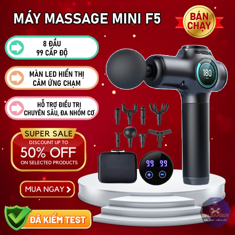 Súng massage toàn thân F5 8 đầu và 99 cấp độ - Máy mátxa cầm tay màn LCD hiển thị pin, súng ...