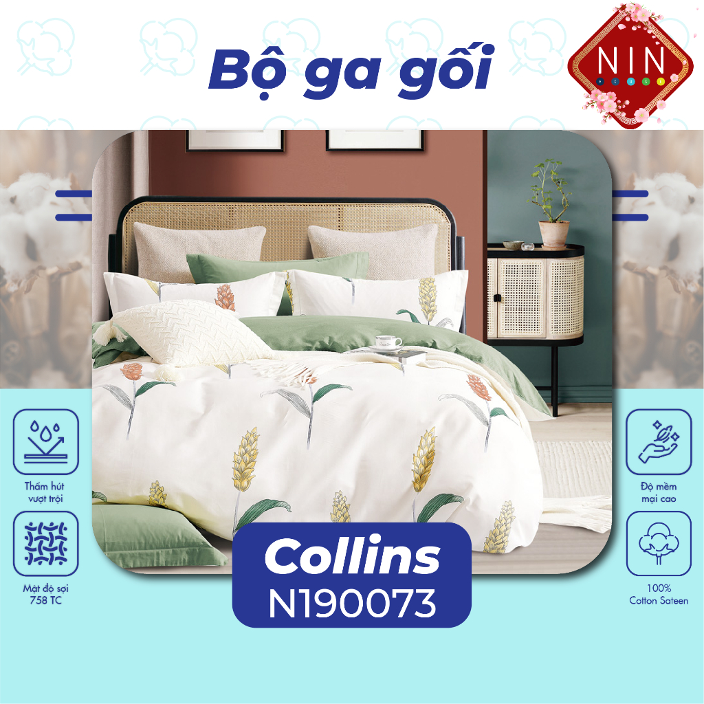 [BÔNG COTTON 100%] Bộ DRAP, áo gối NIN House Collins không kèm mền ...