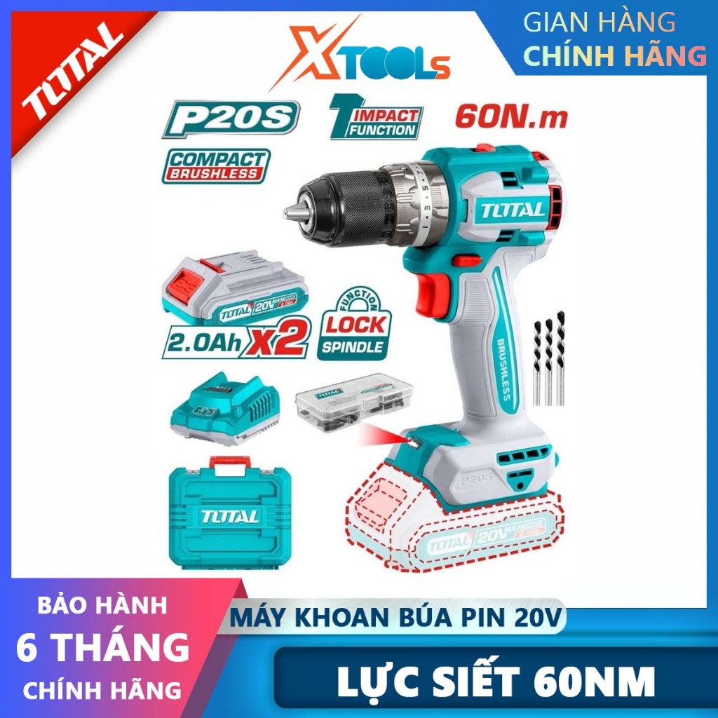 Máy khoan búa không chổi than TOTAL TIDLI20602 máy khoan dùng pin momen xoắn cực đại 60Nm, đầu ...