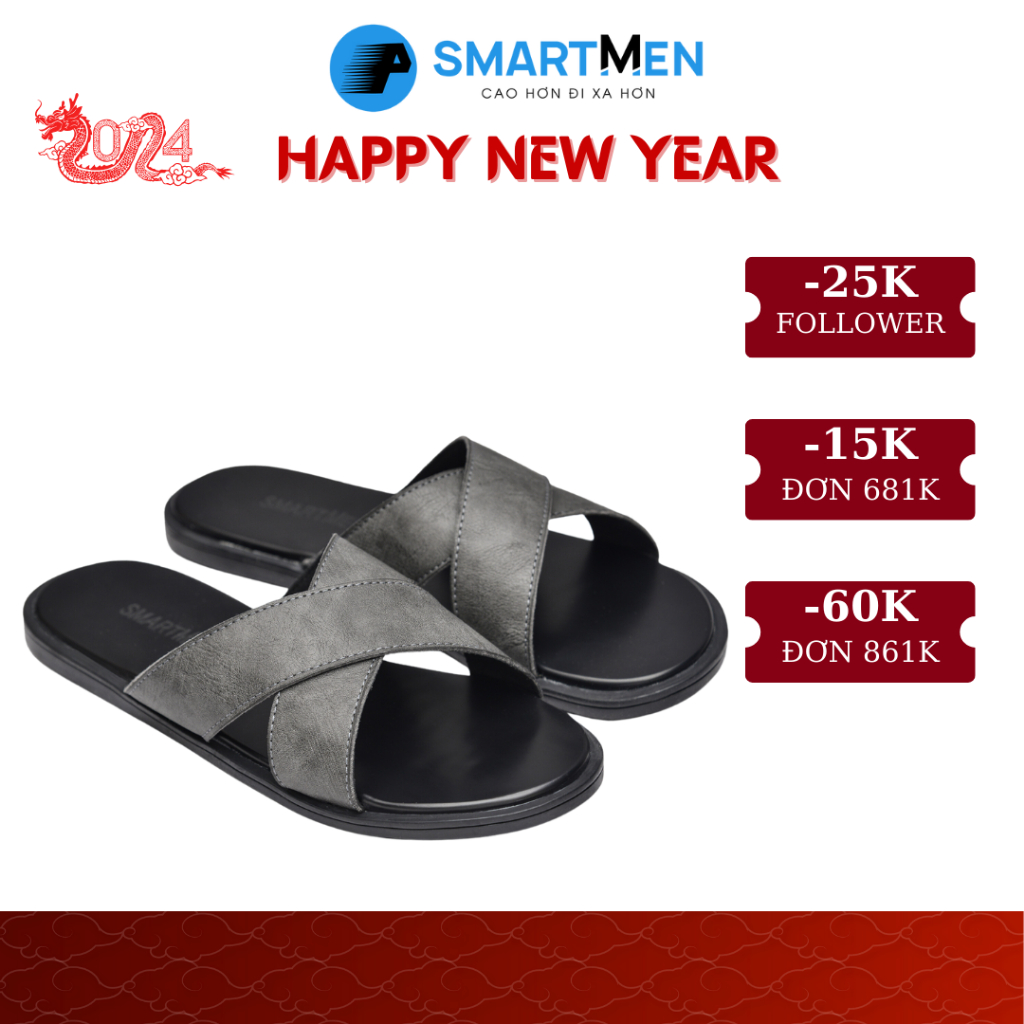 Dép da nam quai chéo da bò cao cấp SMARTMEN DE-05 Xám | Shopee Việt Nam