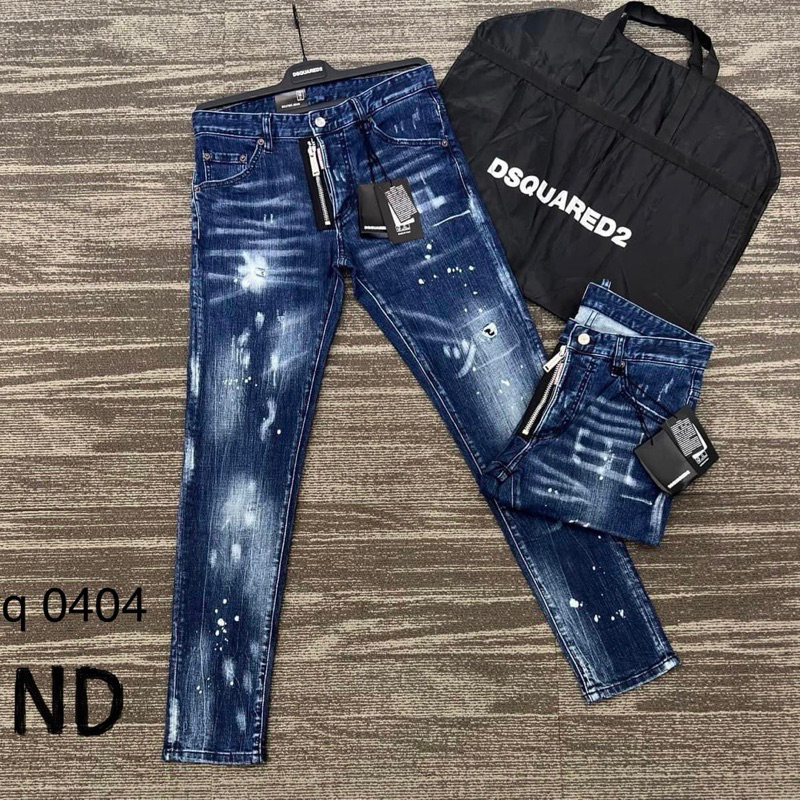Quần jean bò nam Dsq2 biker slimfit khoá lệch wash xanh bạc rách vảy sơn trắng phong cách boy ...