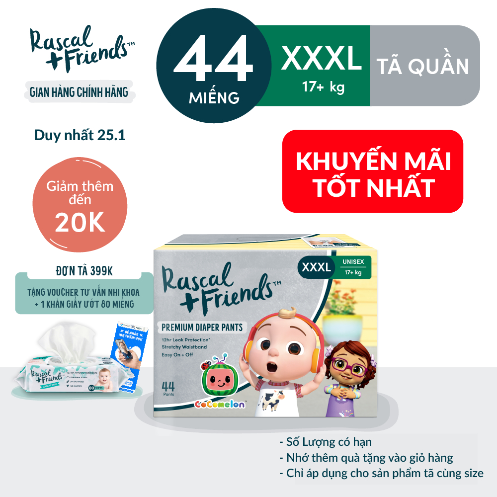 Tã/Bỉm Quần Rascal + Friends Cocomelon Size XXXL (>17kg) 44 miếng - Kèm sticker ngẫu nhiên ...