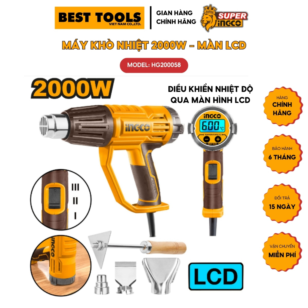 Máy thổi nhiệt dùng điện 2000W màng co điều chỉnh hơi nóng INGCO ...