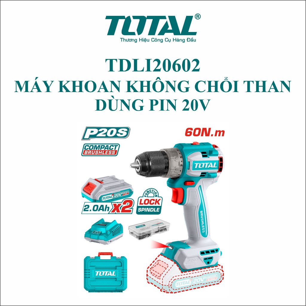 Máy khoan không chổi than dùng pin Lithium-Ion 20V (không búa) TOTAL TDLI20602 hàng chính hãng ...