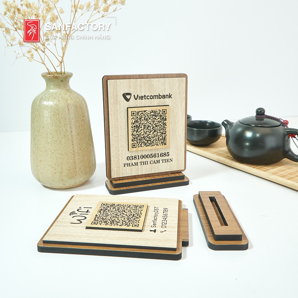 Bảng gỗ khắc mã QR Code thanh toán, QR kết nối wifi đế bàn SAN-QR08 ...