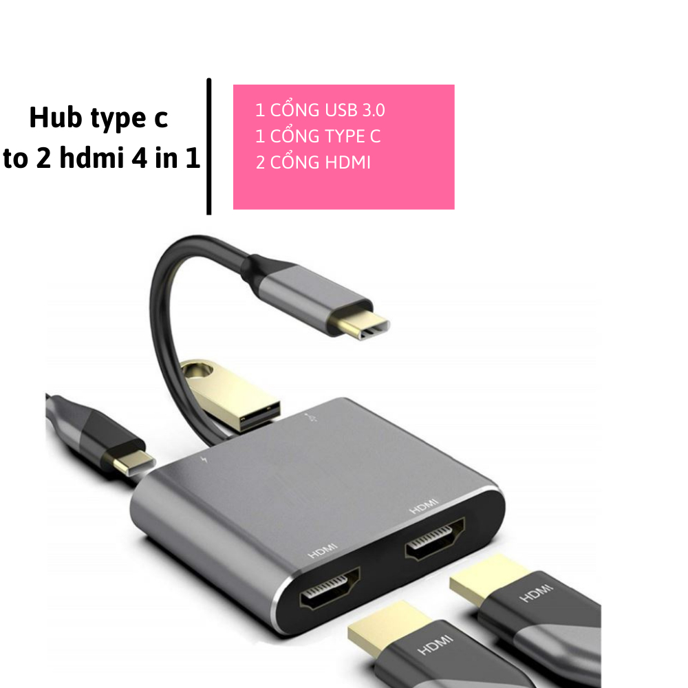 [Mã SKAMSALE0123 giảm 10% đơn 200k] Cáp chuyển hub type c 4 in 1 USB Type-c ra 2 cổng HDMI/vga ...