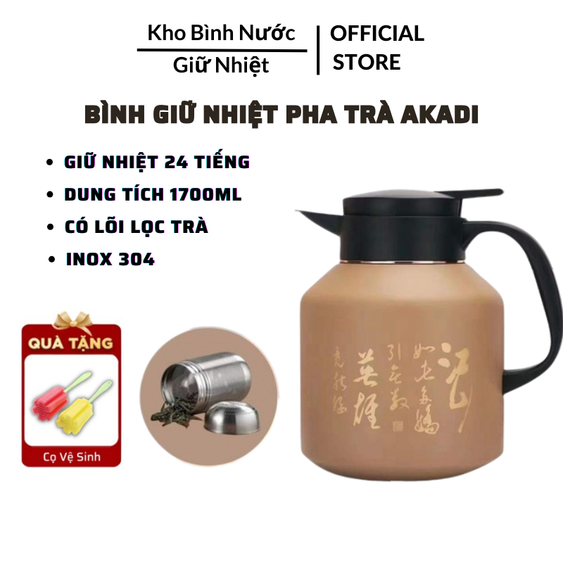 Bình Giữ Nhiệt Ủ Trà Pha Trà Cao Cấp Inox 304 Giữ Nhiệt 24 Tiếng Dung Tích 1700ml Tặng kèm Cọ Vệ ...